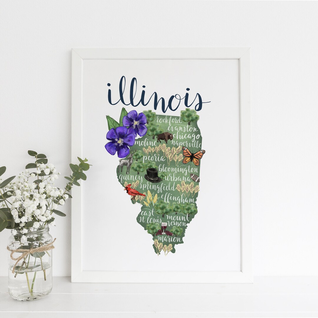 Illinois State Map Illustrated Hometown Landmark for Chicago, Home Gift ...