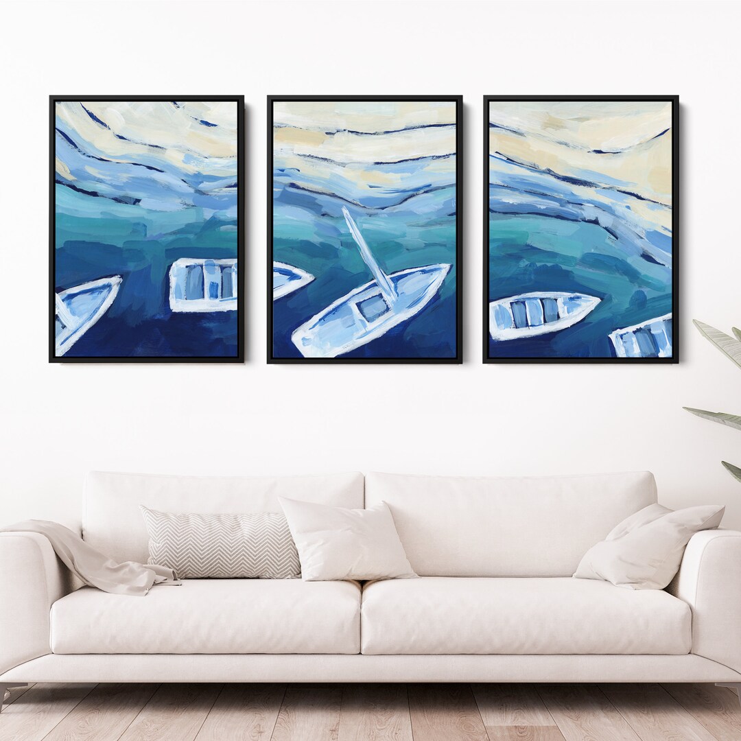 Greek Coastal Seascape Painting | Turquoise and Blue Boats in Water Art ...