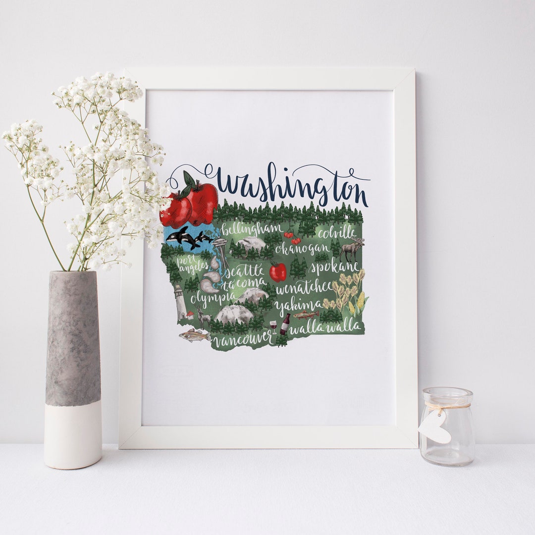 Washington State Map Gift Illustrated Hometown Landmark Map, WA Wall ...