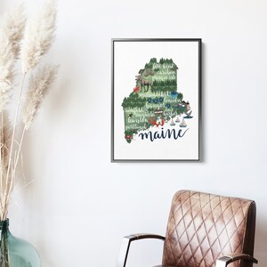 Maine State Map Drawing | ME Illustration Gift With Bar Harbor Hometown ...