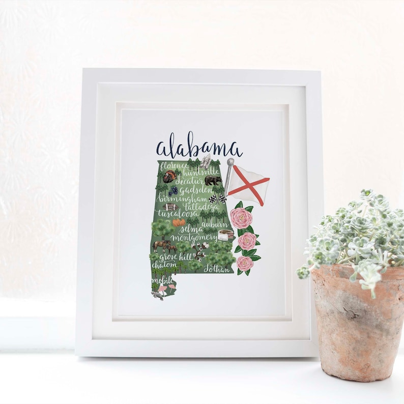 Alabama Home State Map Poster Illustrated AL Bama Gift Idea - Etsy