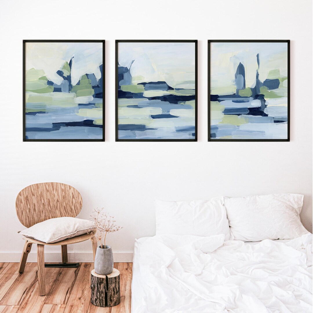 Abstract Landscape Painting | Lake Decor With Modern Triptych Wall Art ...
