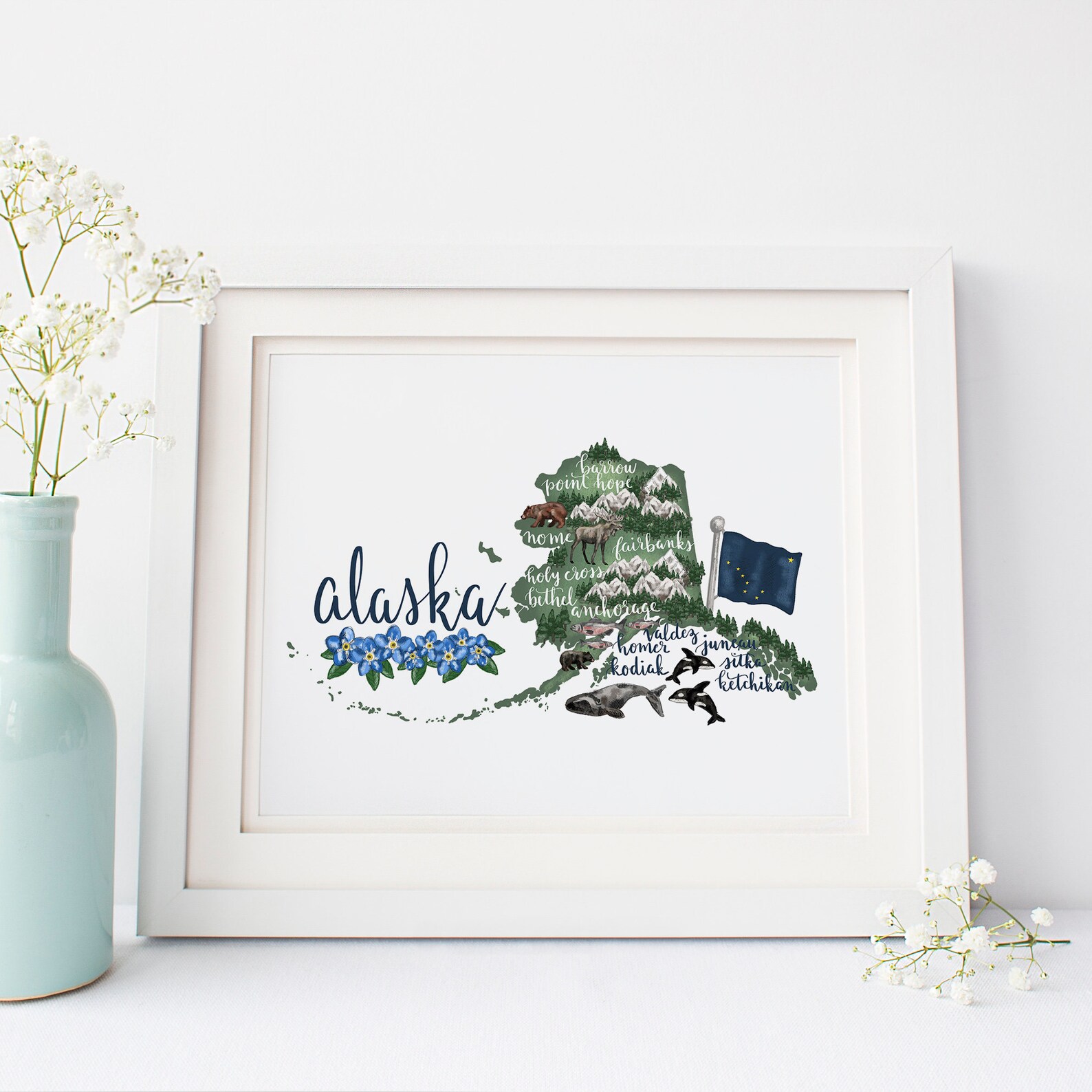 Alaska State Poster Gift Map AK Hometown Illustrated Poster - Etsy