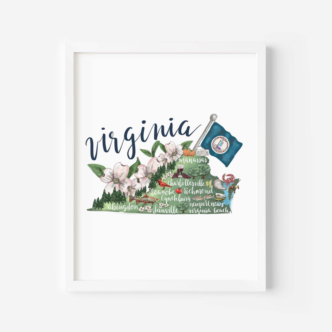 Virginia State Map | Home State Gift With VA Landmark Illustration ...