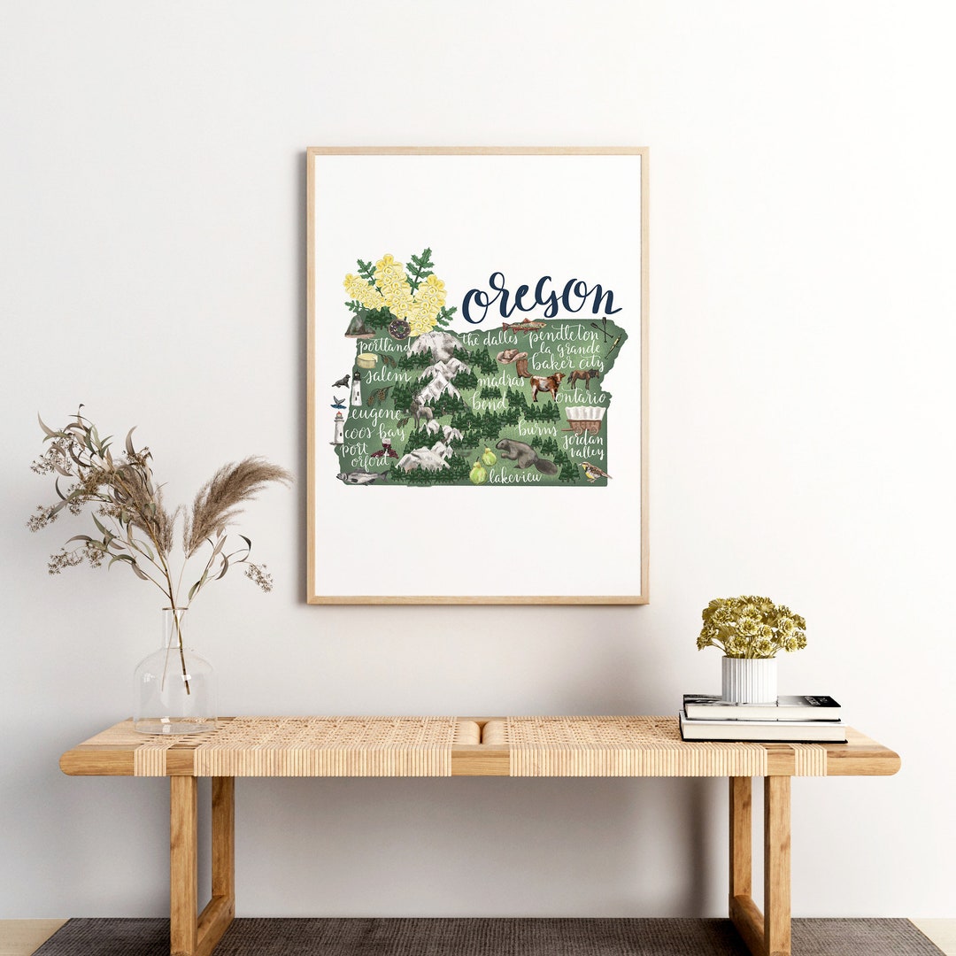 Oregon Wall Art Print | State Map Illustration With Portland Landmark ...