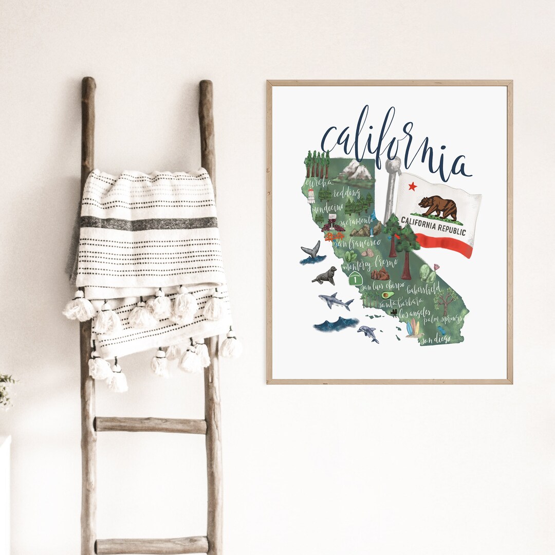 California Wall Print | State Map Artwork With Landmark Illustration ...