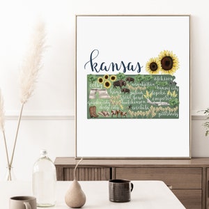 Kansas State Map Wall Poster Gift Illustration With Hometown Landmark ...