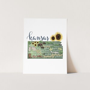 Kansas State Map Wall Poster Gift Illustration With Hometown Landmark ...