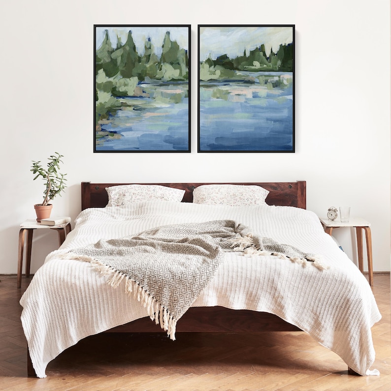 Lake Landscape Painting | "lakefront Views" - Set of 2 - Art Prints or ...