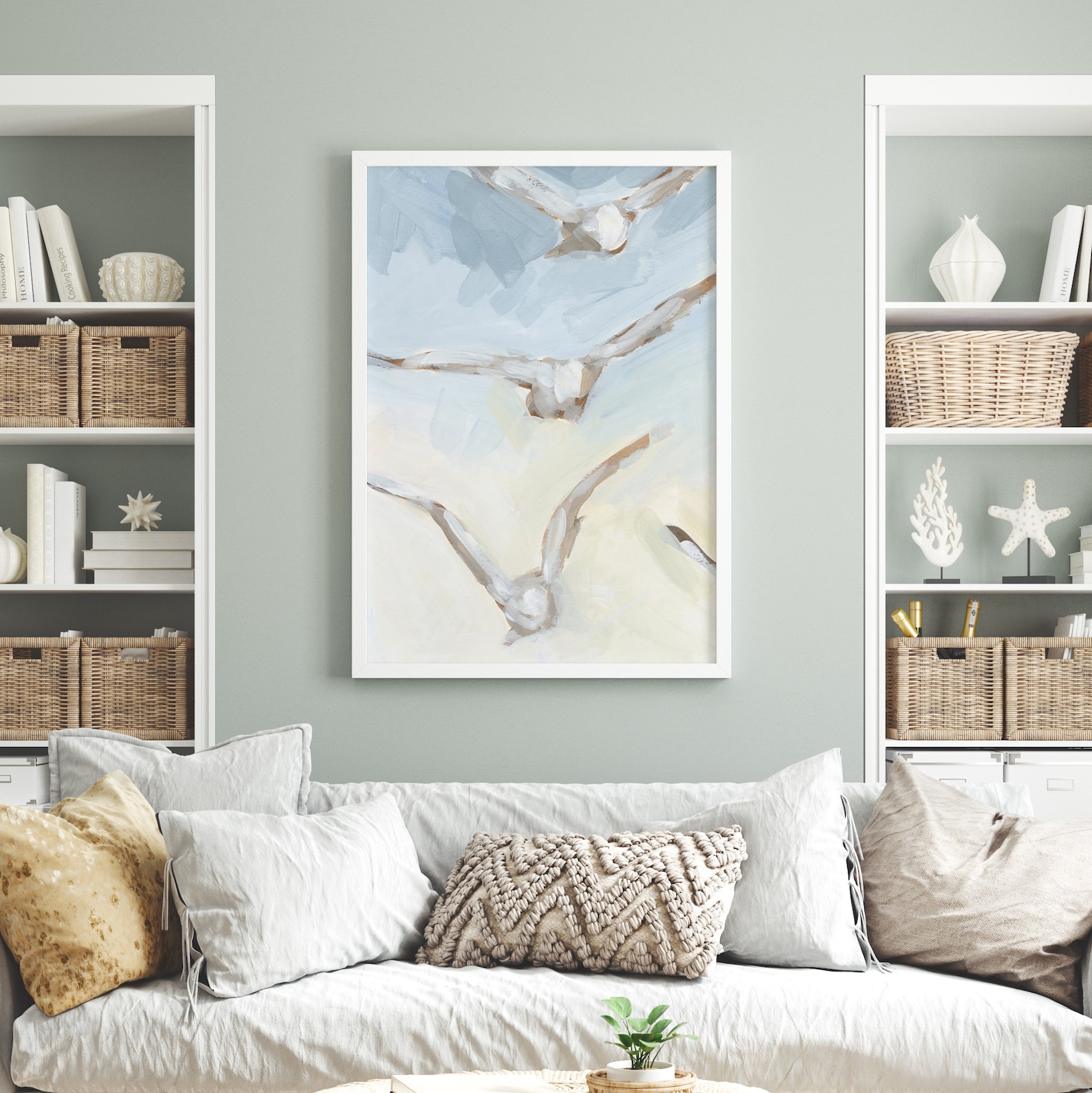 Modern Coastal Home Decor Sea Gull Seabird Painting Light Neutral Blue Beige Beachy Poster ...