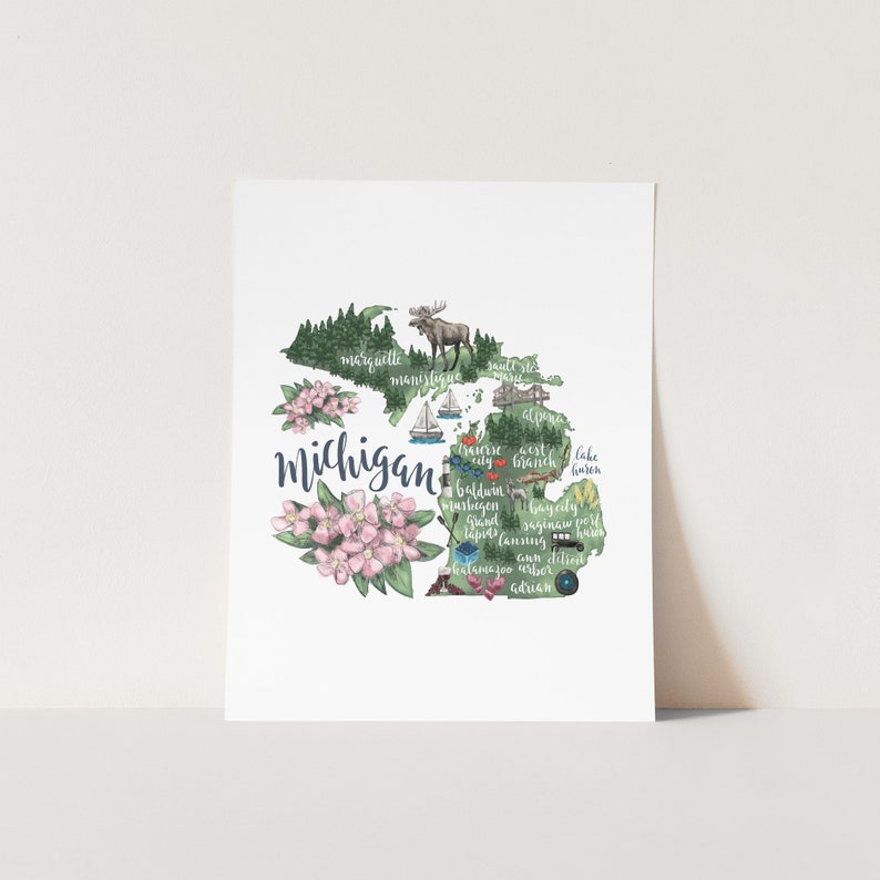 Michigan State Map Gift | Illustration of Landmarks for MI Wall Art ...