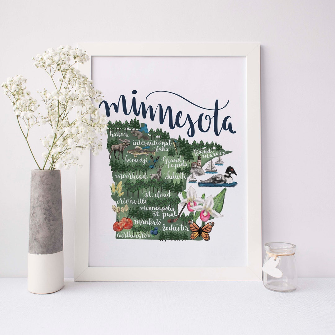 Minnesota State Map Gift Landmark Illustrated Minneapolis St Paul Art ...