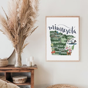 Minnesota State Map Gift Landmark Illustrated Minneapolis St Paul Art ...