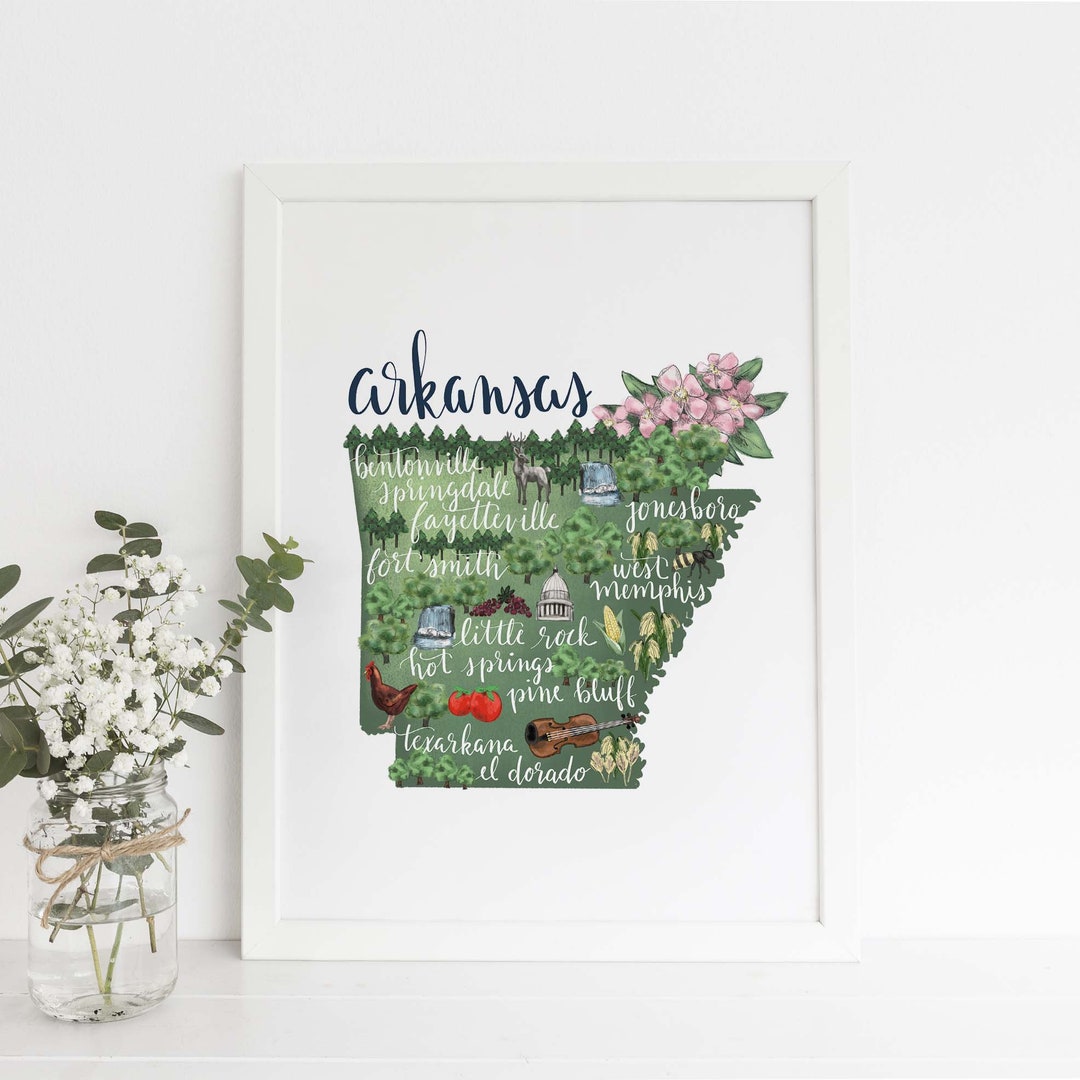 Arkansas State Map Gift Drawing Illustration Hometown Landmark - Etsy