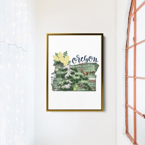 Oregon Wall Art Print | State Map Illustration With Portland Landmark ...