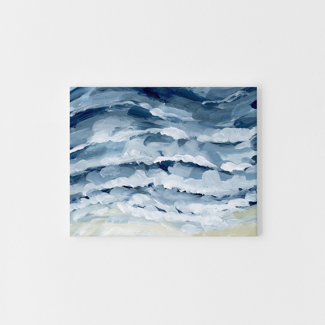 Wave Print Shoreline Painting Ocean Art Blue and White Modern Beach ...