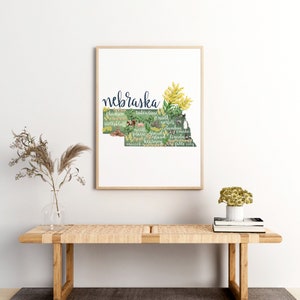 Nebraska Map Poster Home State Illustration Hometown Wall Decor Gift ...