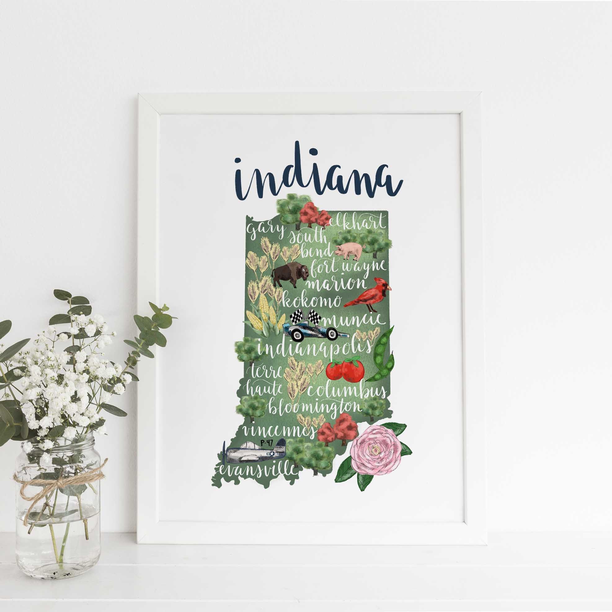 Indiana Map Home State Prints Indianapolis Hoosier State Gift | Etsy