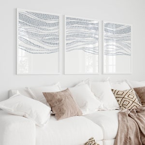 Coastal Wave Print Set | Abstract Ocean Art in Slate Blue, Modern Minimalist Triptych | "the ...