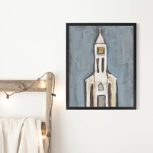 Blue Church Painting | Farmhouse Rustic Decor and Religious Christian ...