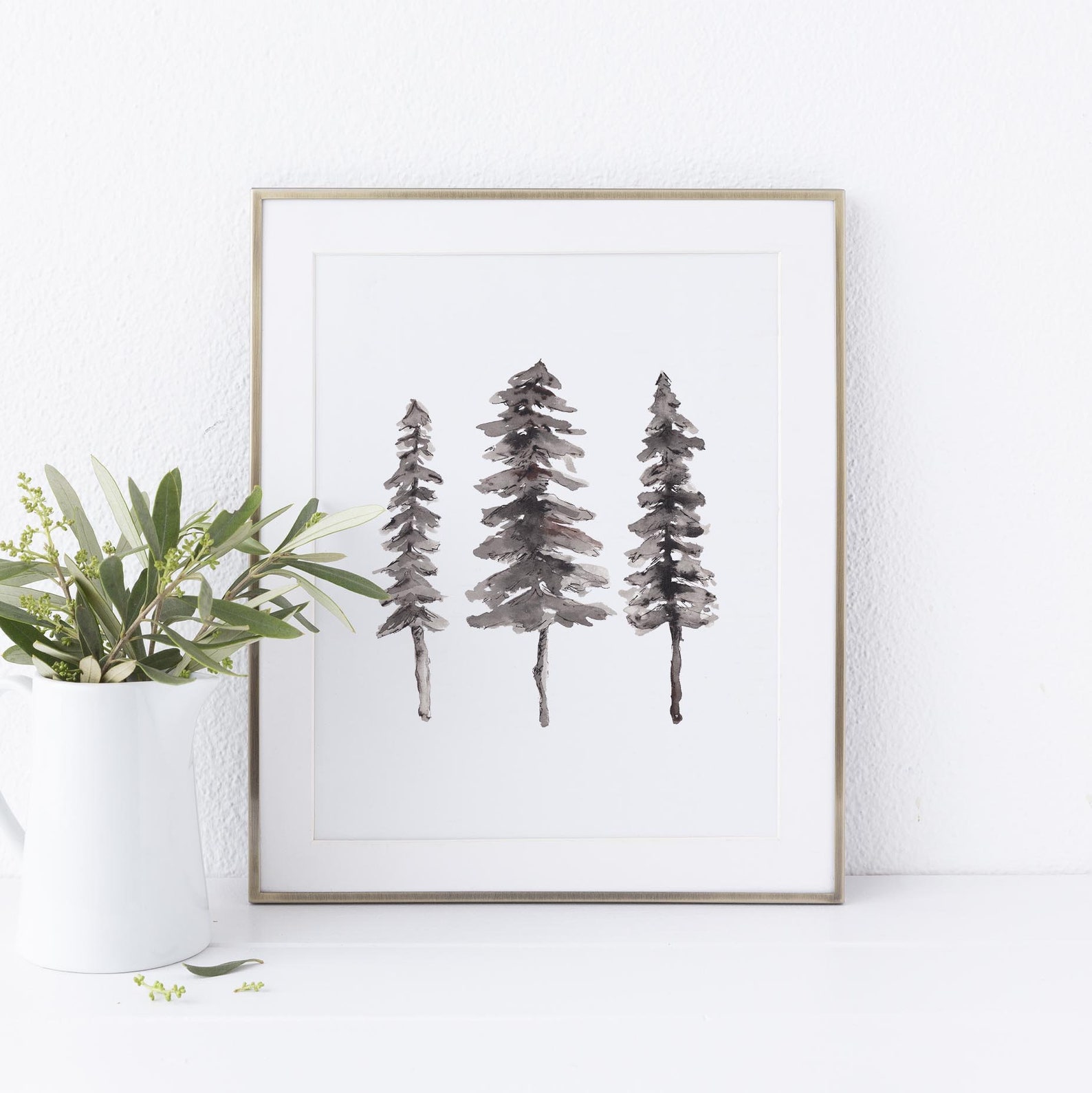 Pine Tree Art Poster Winter Artwork Watercolor Black and White - Etsy