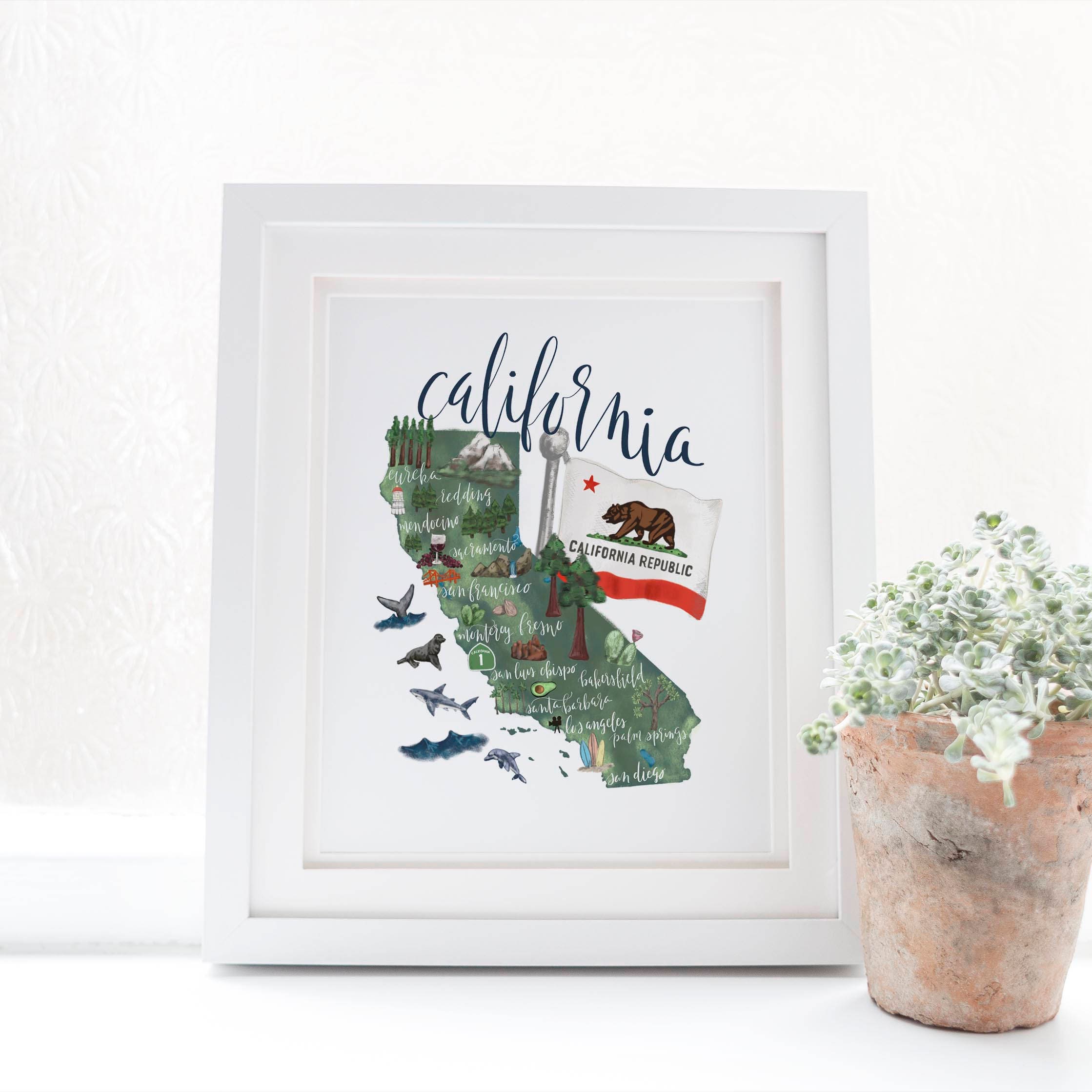 California Wall Print State Map Artwork CA Gift Hometown Cali - Etsy