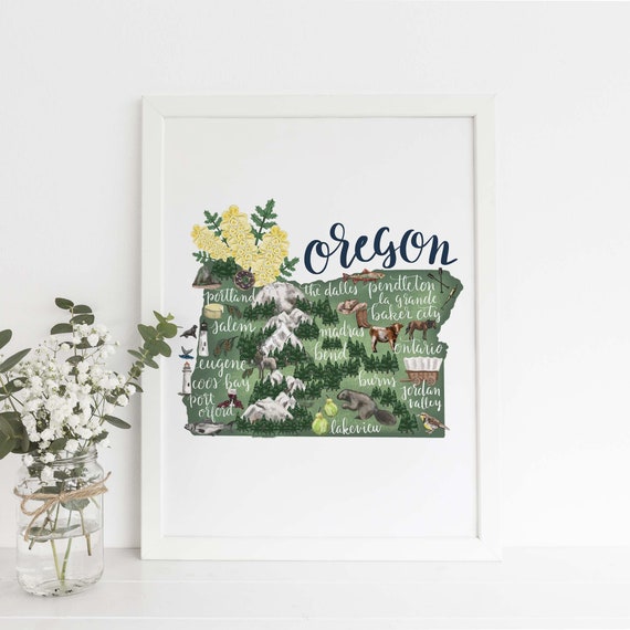 Oregon Wall Art Print State Map Illustration Portland Poster - Etsy
