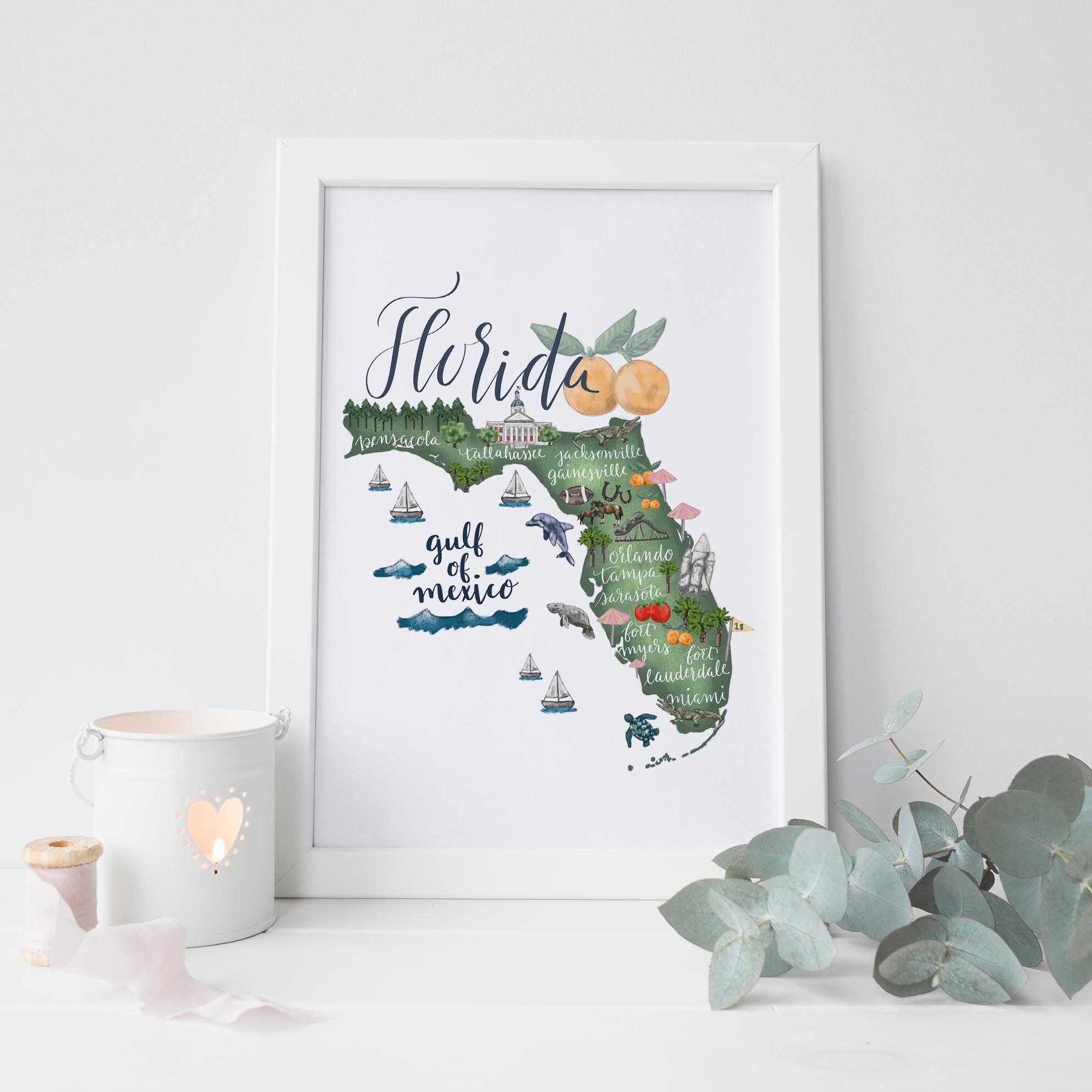 Florida Map Wall Art State Gift Idea Landmark Illustration - Etsy