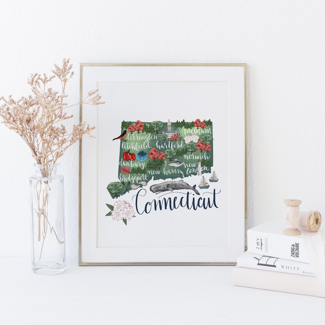 Connecticut State Map Gift CT Landmark Illustration Wall Art - Etsy