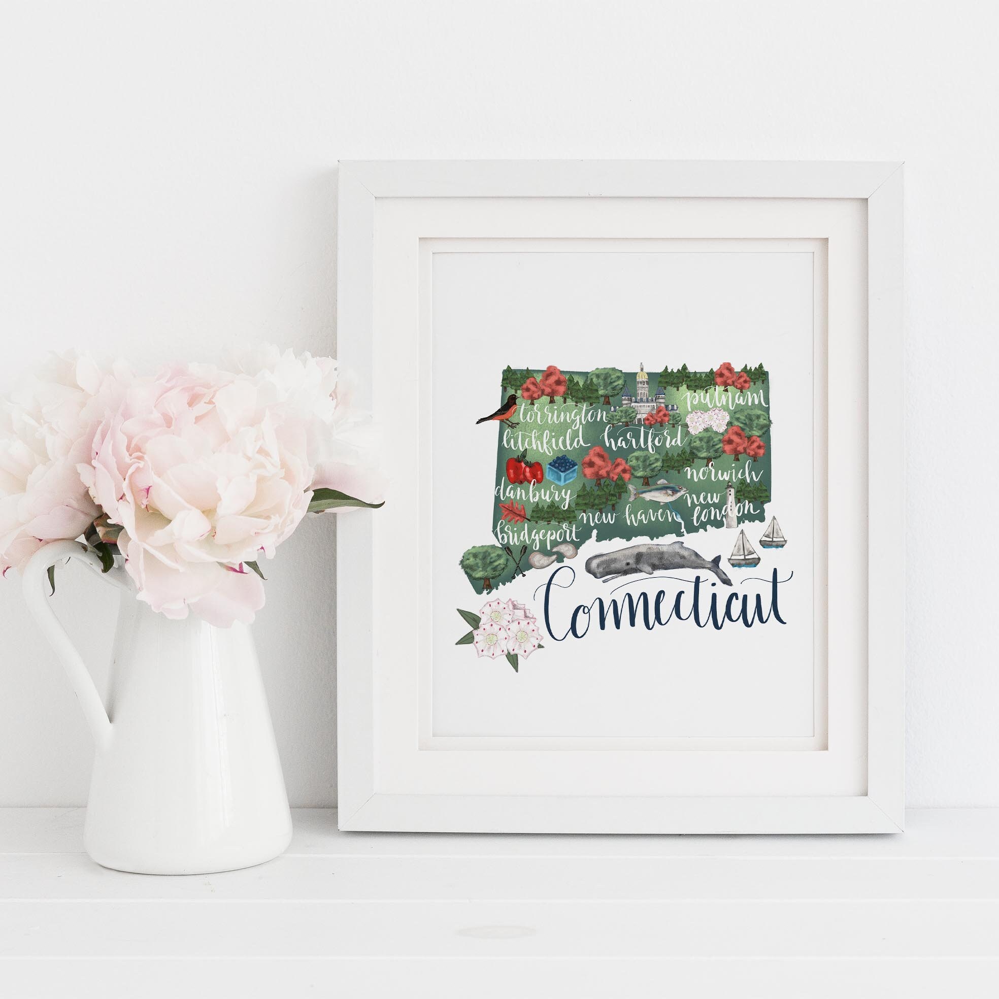 Connecticut State Map Gift CT Landmark Illustration Wall Art - Etsy