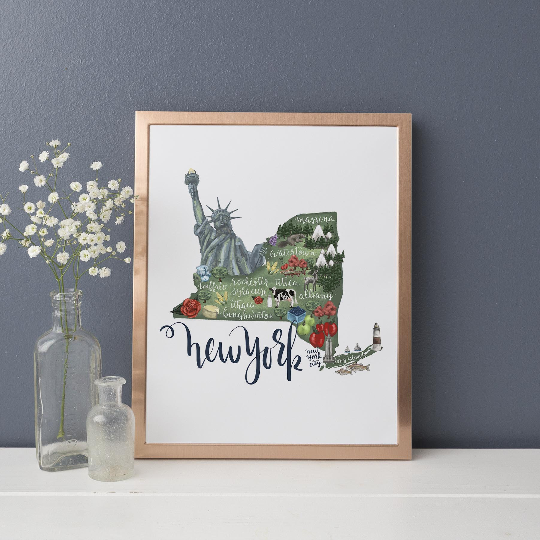New York State Map NYC Gift Idea Long Island Illustration NYS | Etsy