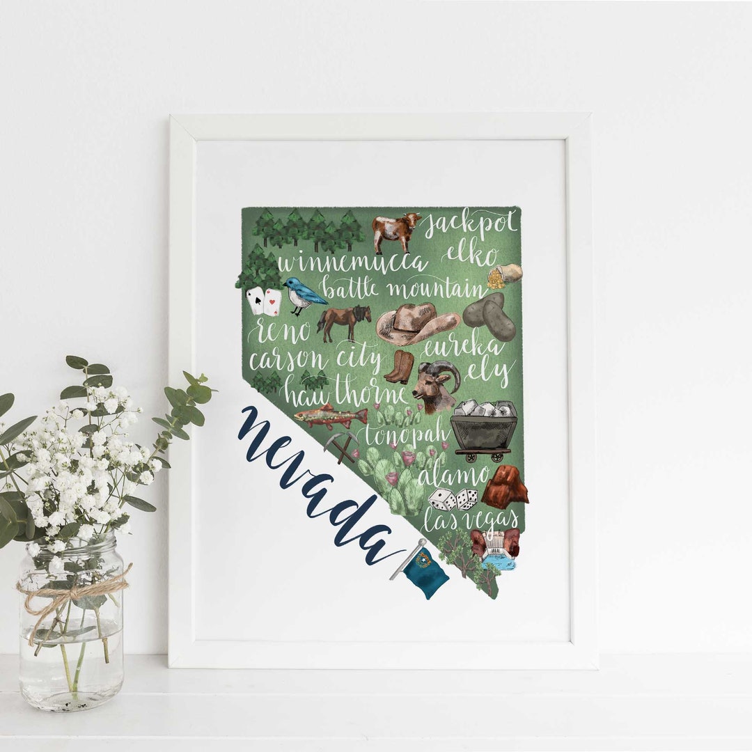 Nevada State Map Wall Art | Las Vegas NV Gift and Hometown Reno Artwork ...