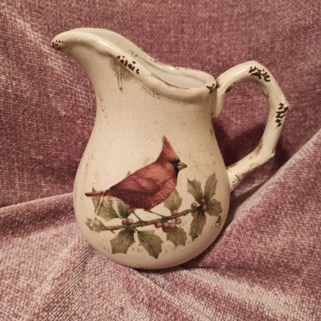 Cardinal Bird Ceramic Pitcher Country Cottage Cabin Shabby Chic Rustic ...