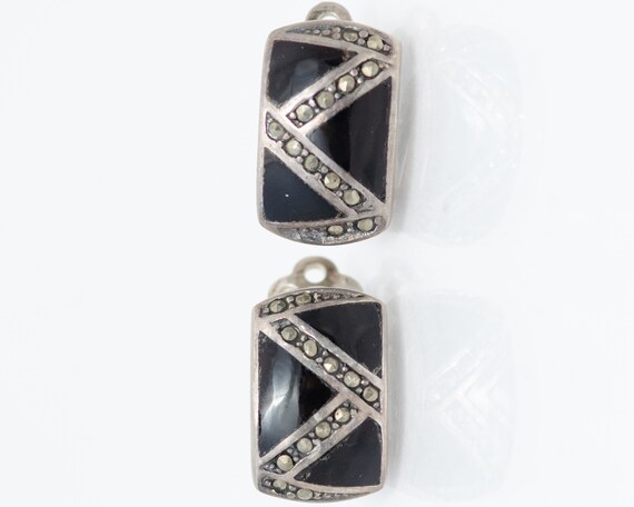 Vintage Sterling Silver Black Onyx Clip On Earrings Etsy