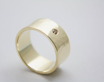 14k Gold Hammered Band With Diamond, Large Ring, Hammered Band ...