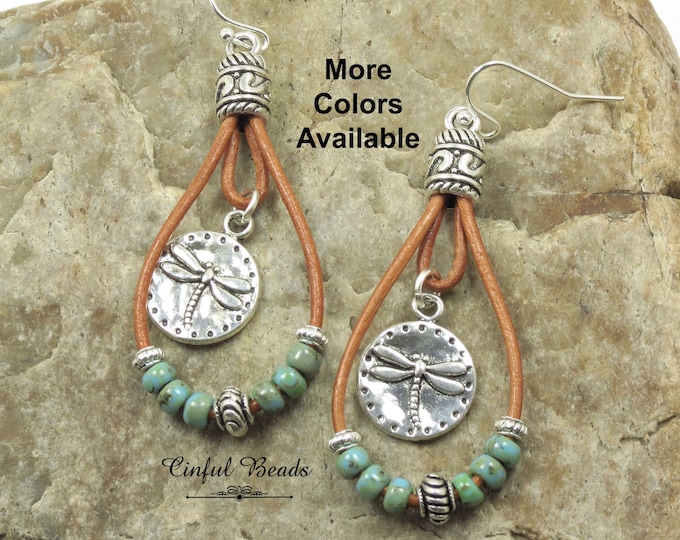 Turquoise Dragonfly Leather Dangle Earrings - Dragonfly Boho Leather ...