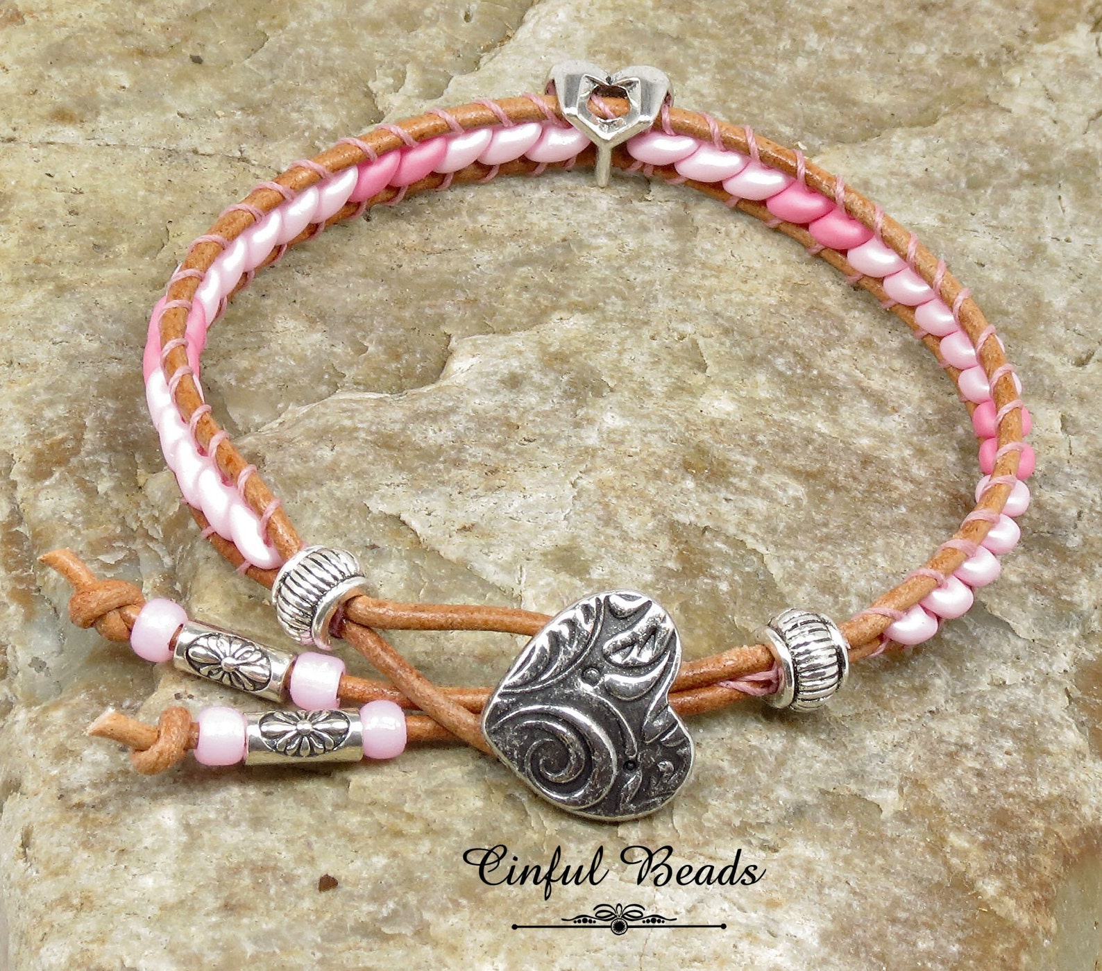 Pink Heart Bracelet - Beaded Heart Leather Bracelet - Pink Superduo ...