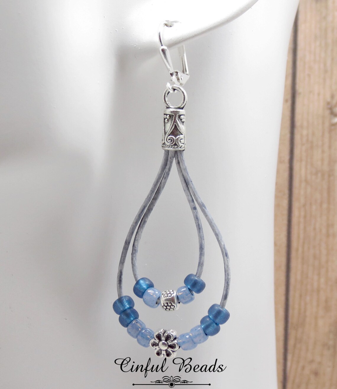 Blue Leather Dangle Earrings - Denim Boho Leather Earrings - Beaded ...