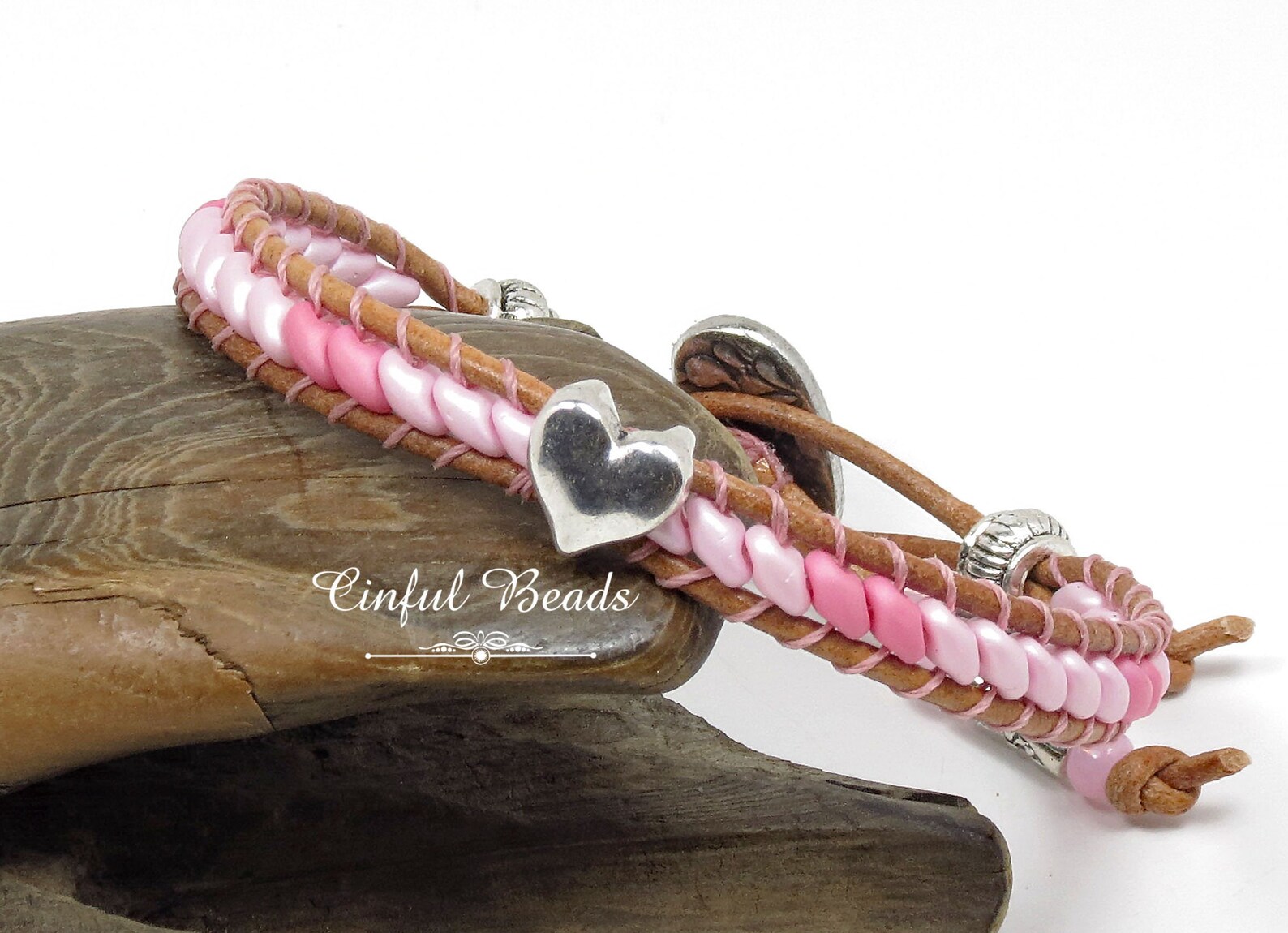 Pink Heart Bracelet - Beaded Heart Leather Bracelet - Pink Superduo ...