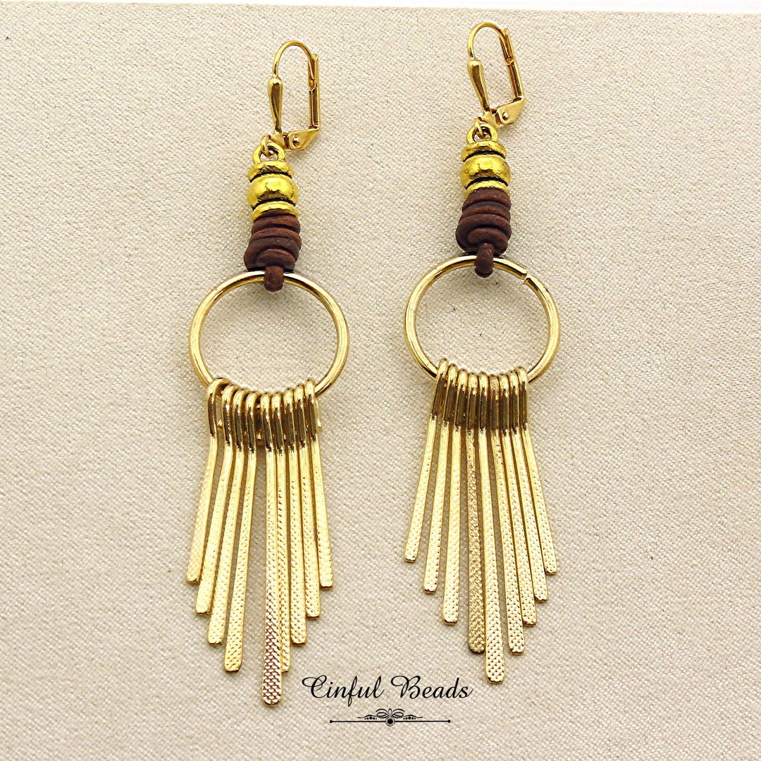 18K Gold Plated Brass Paddle Fringe Leather Earrings - Boho Leather ...