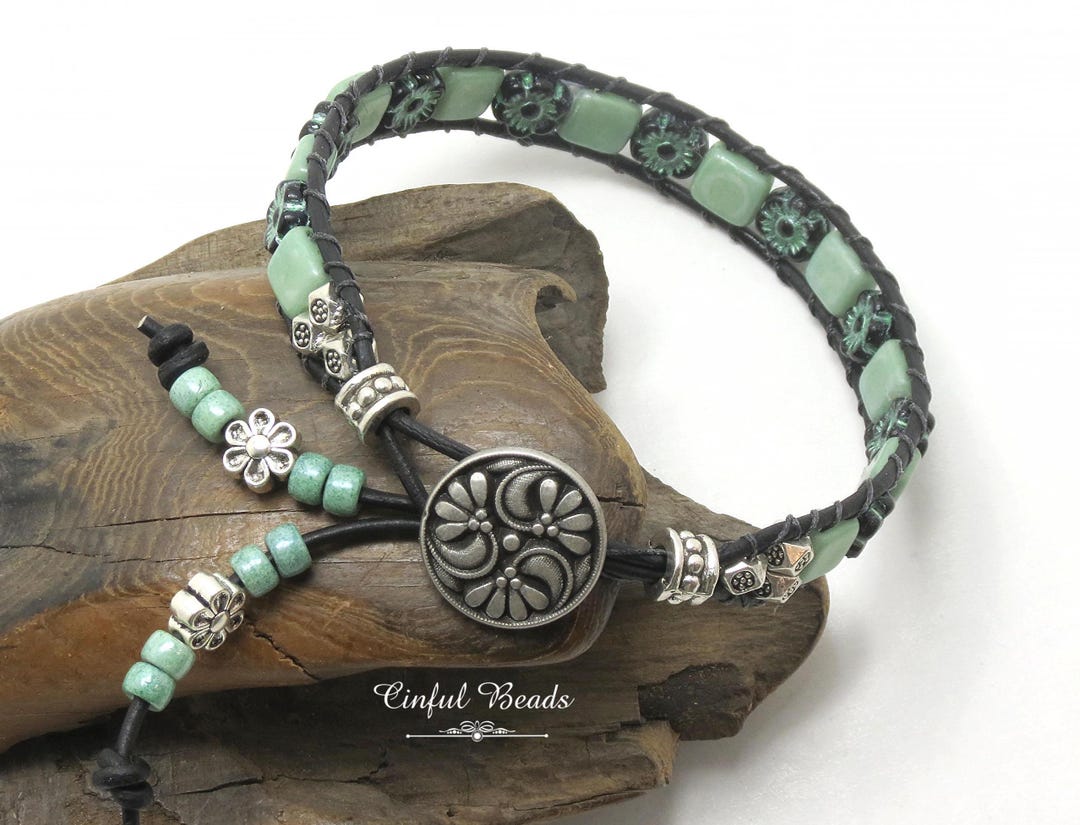 Green Boho Leather Wrap Bracelet - Green Tile Beads With Green Lined ...