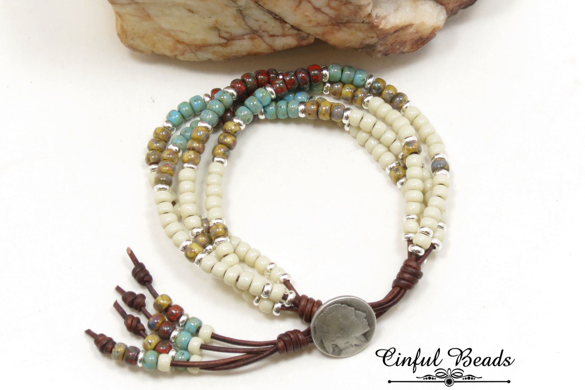 Beaded Leather Bracelet - Boho Leather Seed Bead Bracelet - Indian Head ...