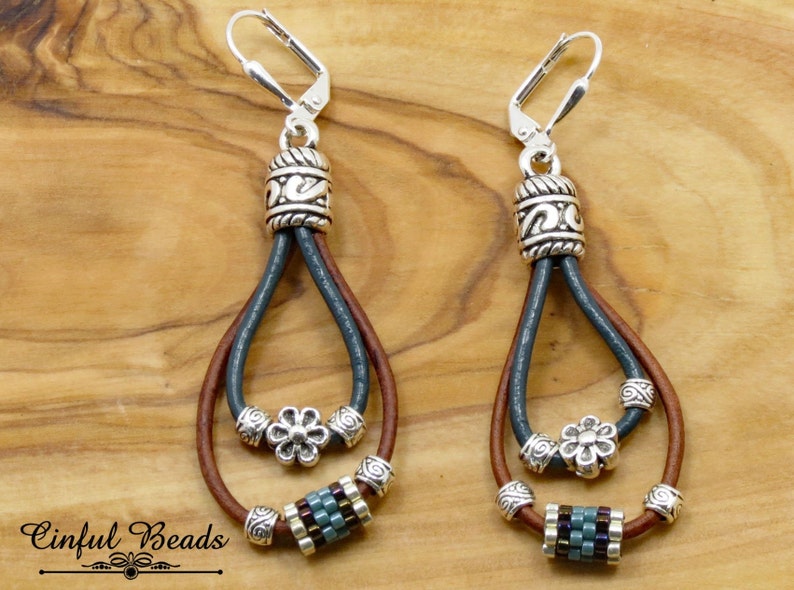 Leather Dangle Earrings Blue and Silver Loop Earrings Boho - Etsy