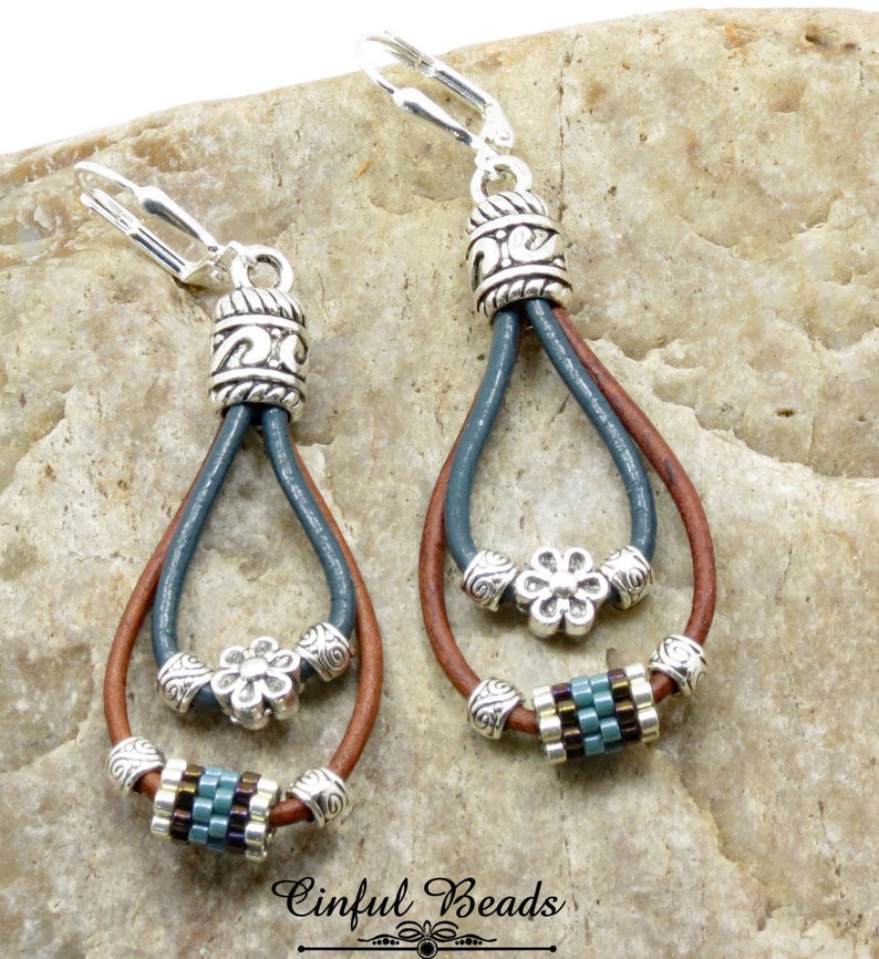 Leather Dangle Earrings Blue and Silver Loop Earrings Boho - Etsy