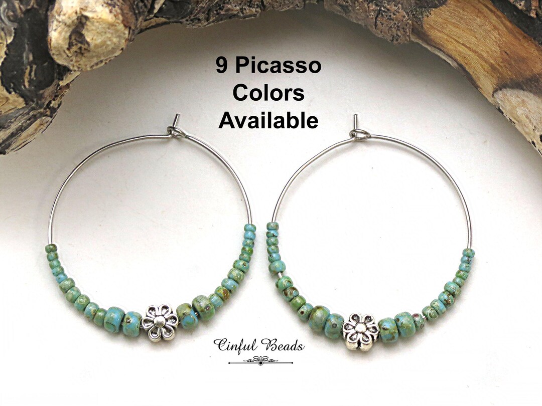 Picsso Seed Bead Hoop Earrings With Flower Spacer Bead - 35mm - 1 3/8 ...