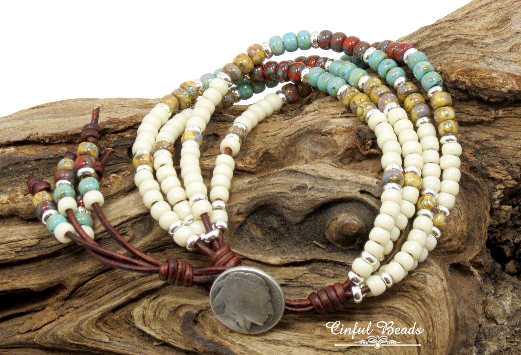 Beaded Leather Bracelet - Boho Leather Seed Bead Bracelet - Indian Head ...