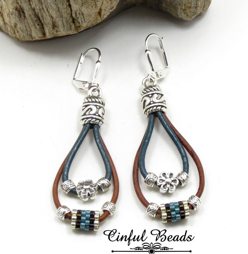 Leather Dangle Earrings Blue and Silver Loop Earrings Boho - Etsy