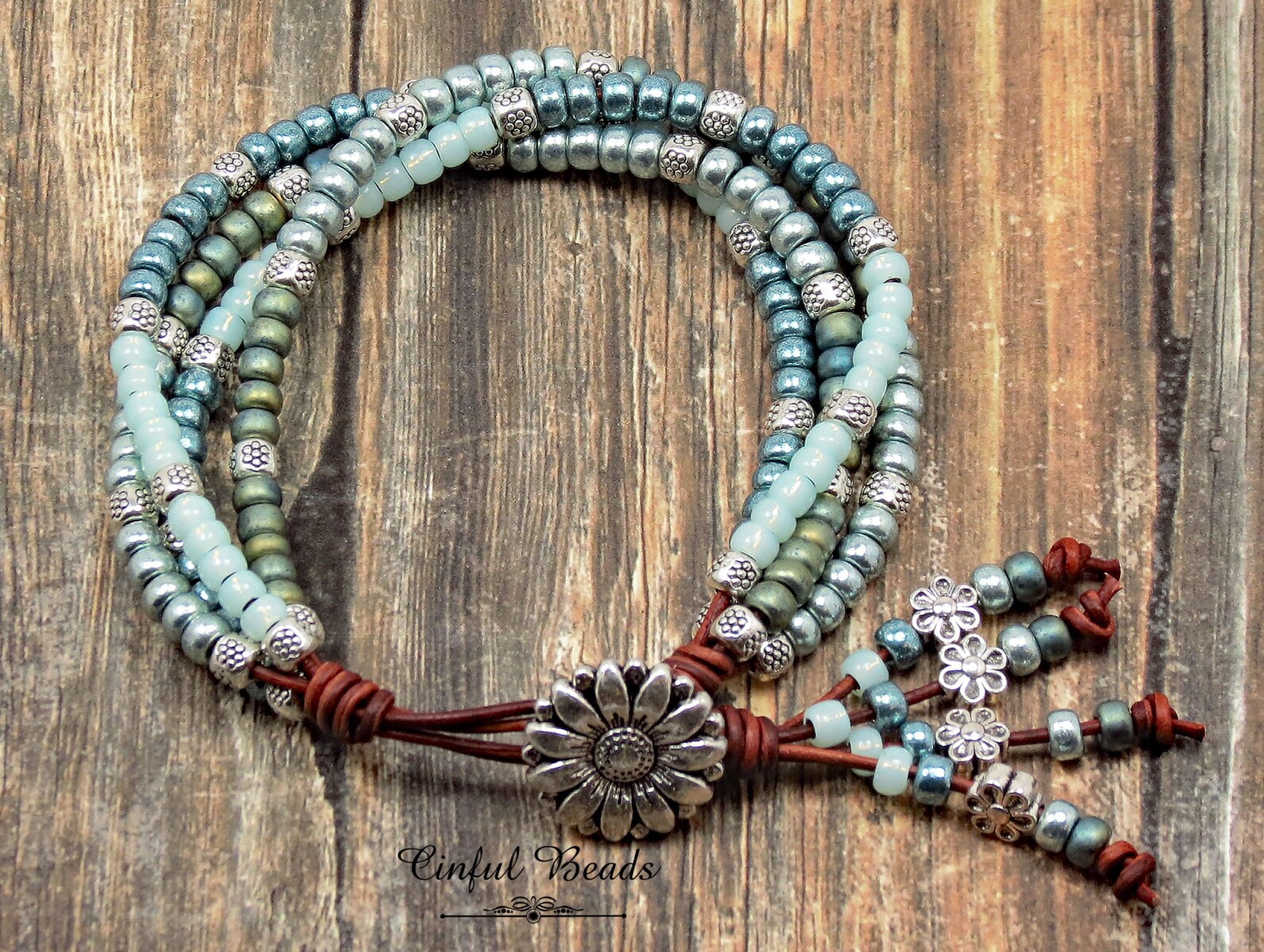Blue Seed Bead Leather Wrap Aqua and Seafoam Boho Beaded - Etsy