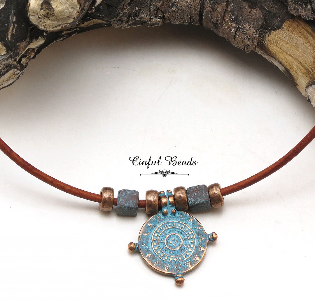 Boho Nautical Copper Patina Necklace With Mariner's Compass and Leather ...