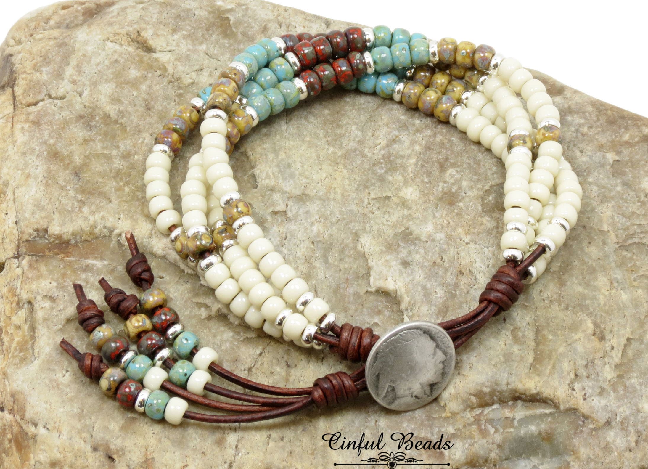 Beaded Leather Bracelet - Boho Leather Seed Bead Bracelet - Indian Head ...